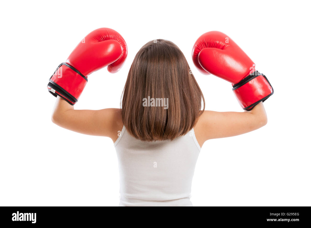 Young boxer girl from behind on white studio background Stock Photo - Alamy