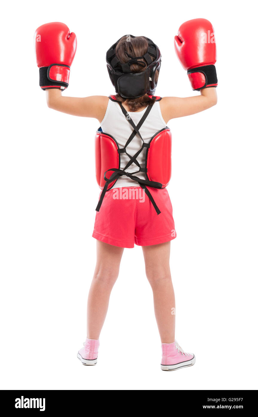 Young boxer girl posing from behind isolated on white studio background ...
