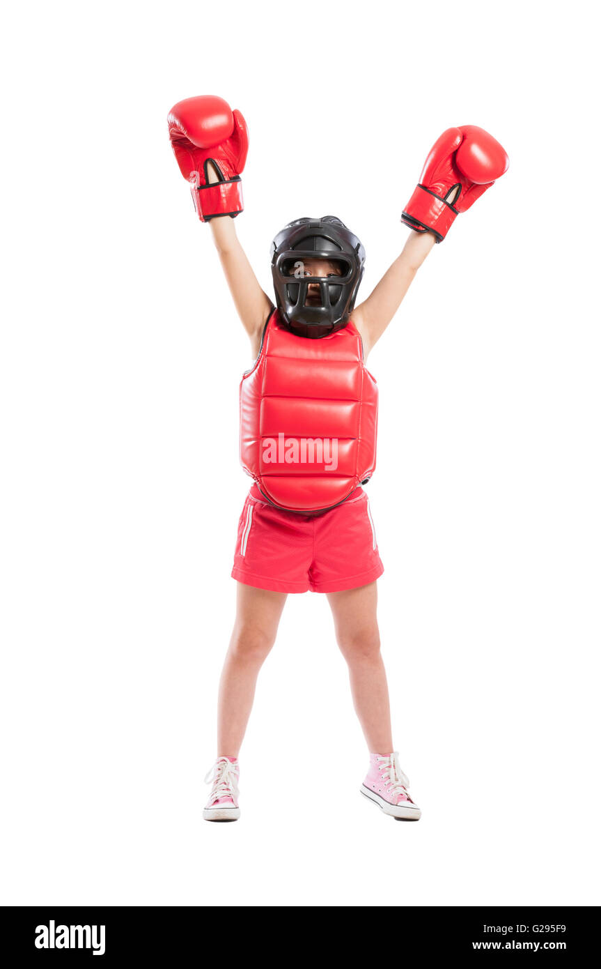 Little boxer girl acting like a champion isolated on white background ...