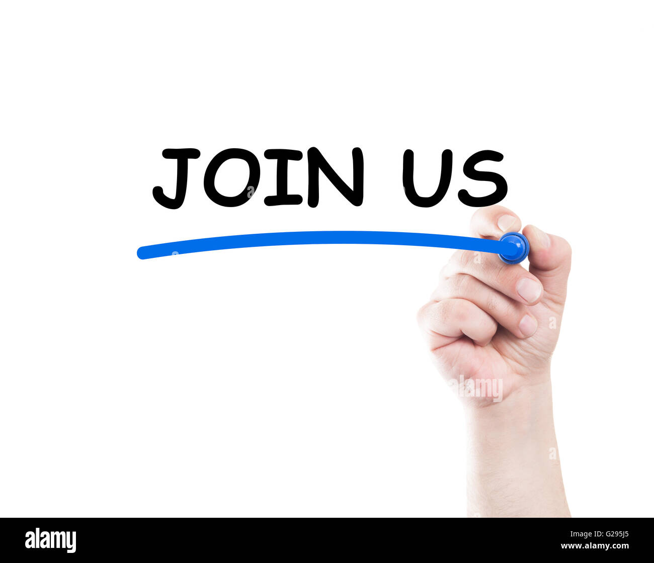 Hand writing join us text on transparent wipe board with white ...