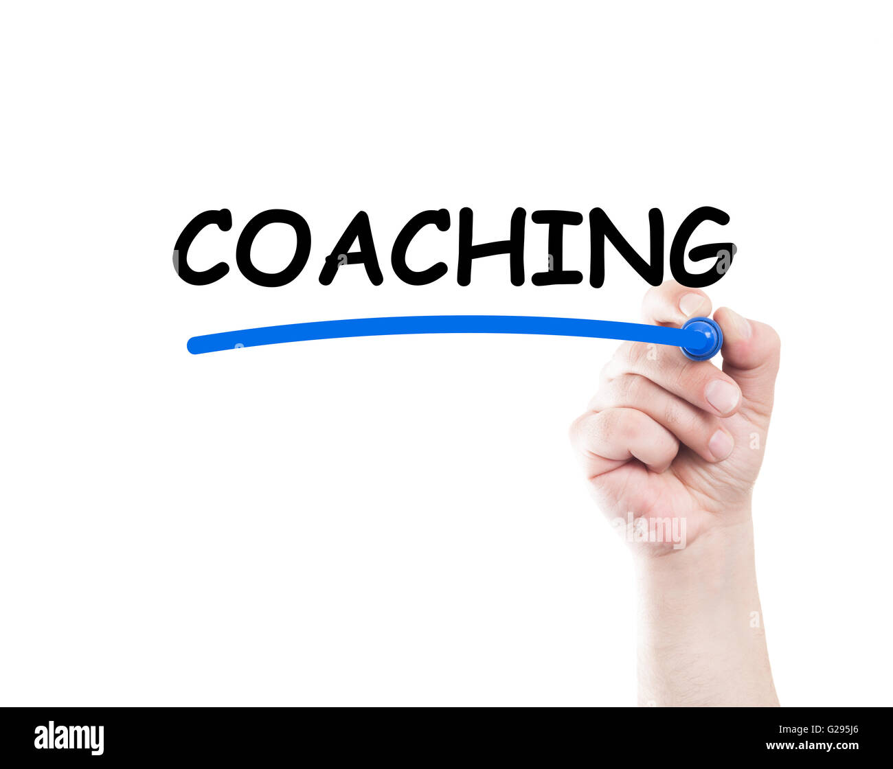 Coaching text underlined by hand with marker on transparent wipe board ...