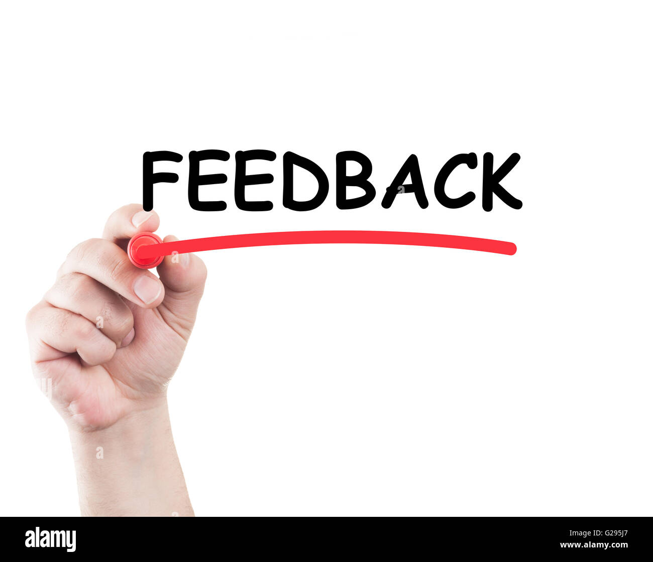 Hand underlining feedback word with marker on transparent glass and ...