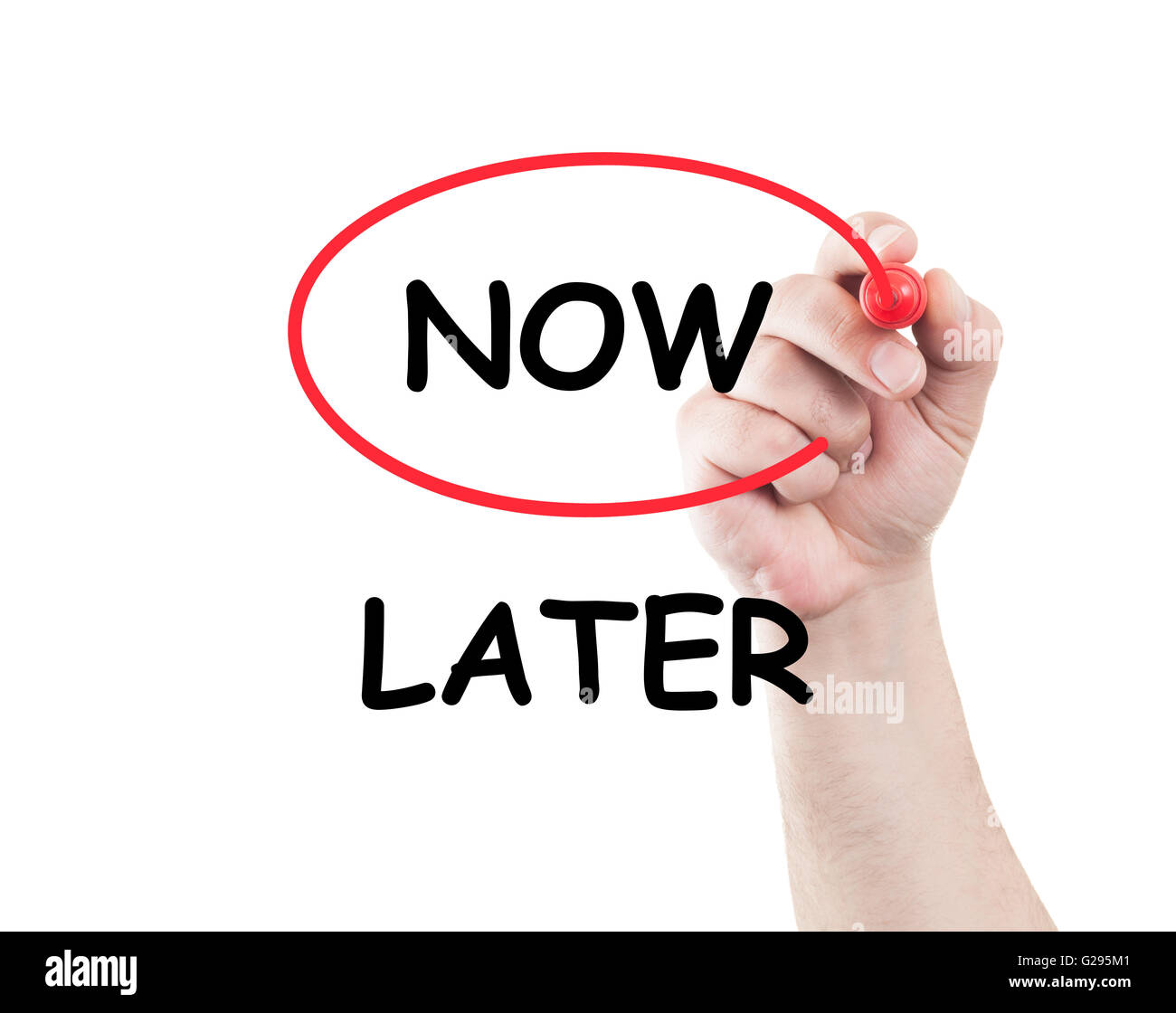 Now not later concept made on transparent wipe board with a hand ...