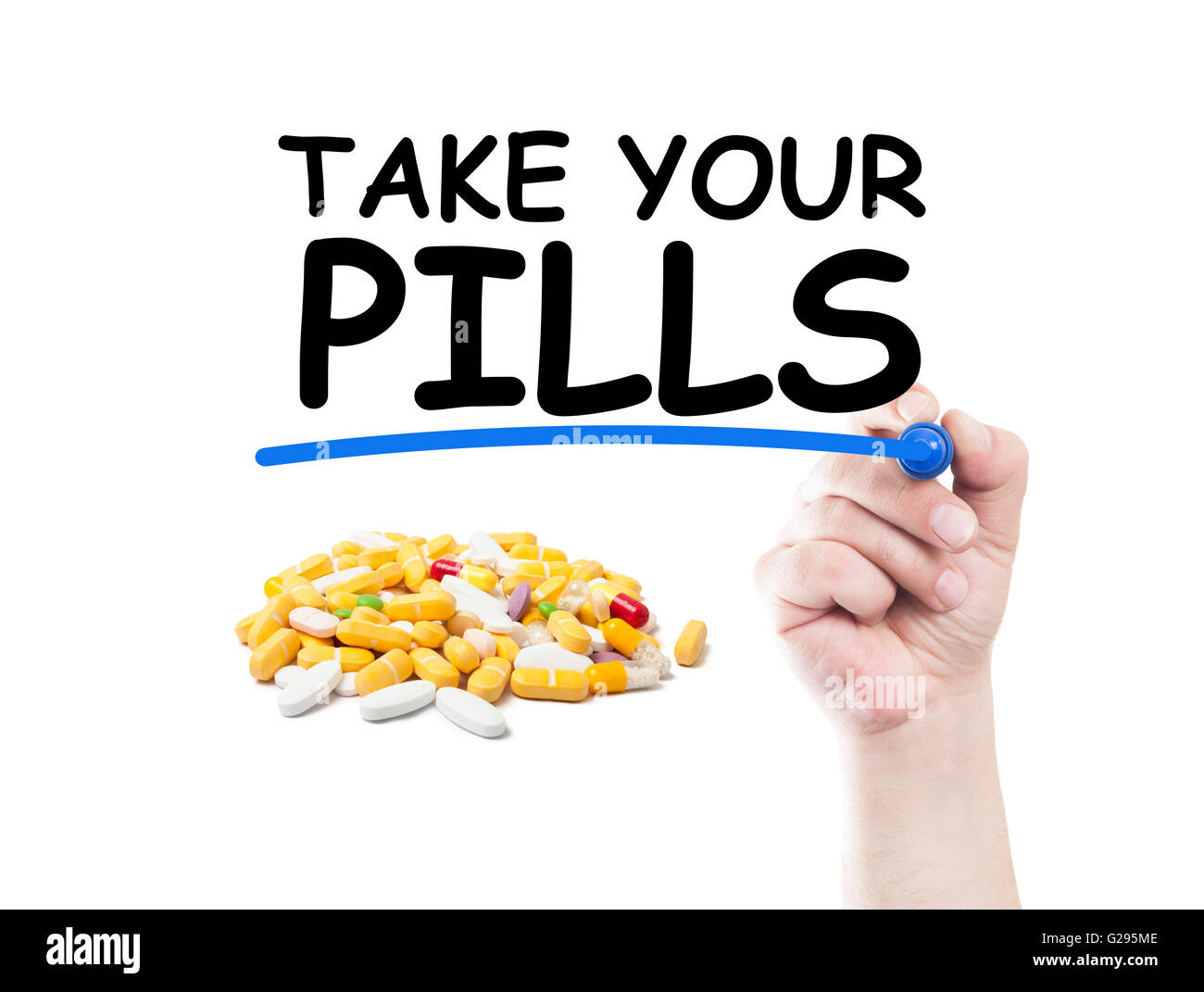 Take your pills concept made on transparent wipe board with a hand ...