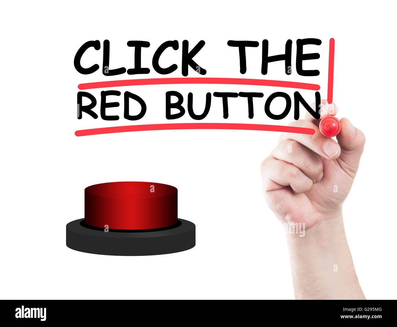 Click the red button concept made on transparent wipe board with a hand ...