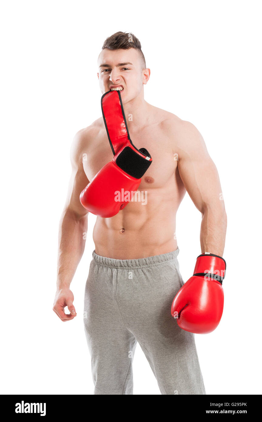 Angry boxer biting his red glove. Gloves off ready for real fight ...