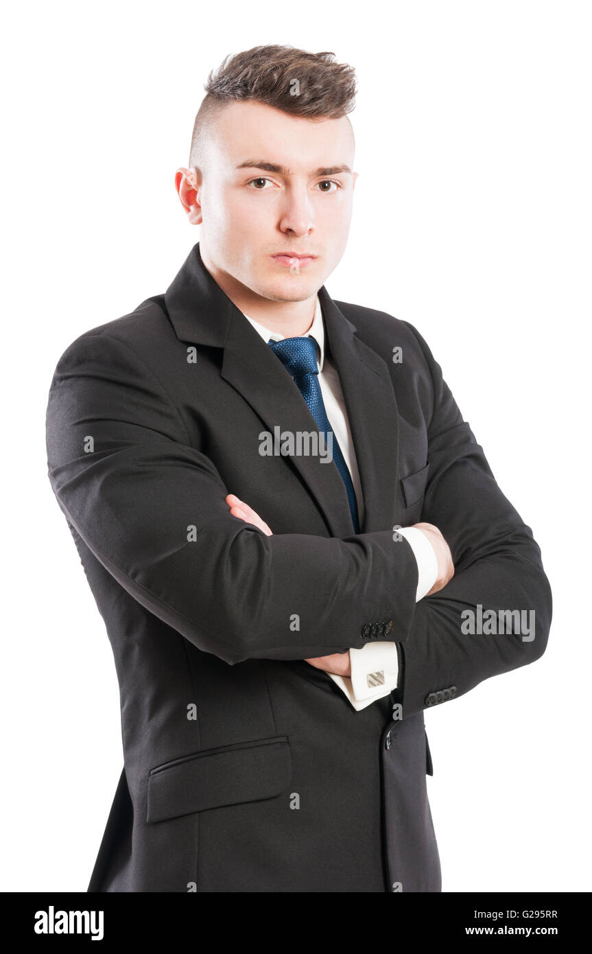 Potrait of a serios banker wearing suit and tie on white background ...