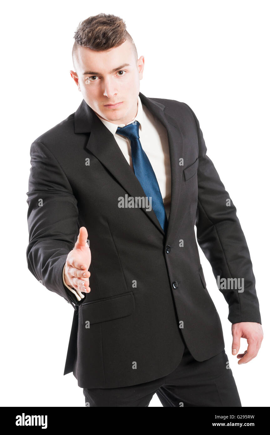 Business man giving hand for handshake as a greeting or collaboration ...