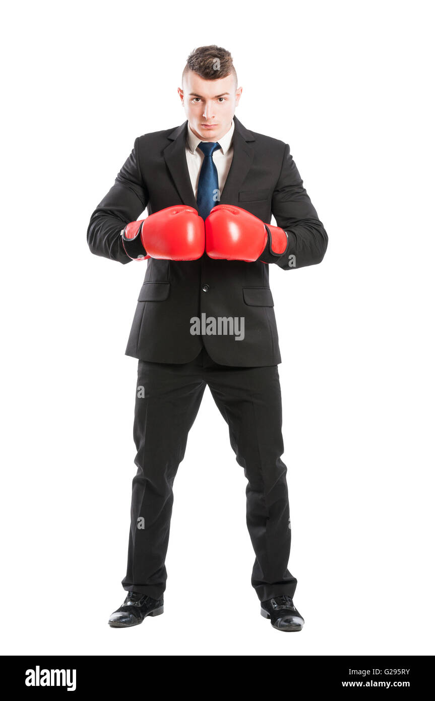 Full body of a business man wearing red boxing gloves isolated on white ...