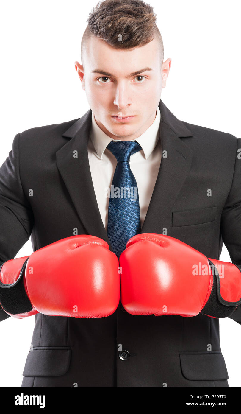 Portrait of an aggressive and competitive business man wearing red ...