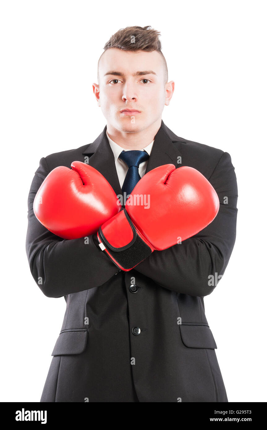 Confident and powerful businessman wearing boxing gloves and arms ...