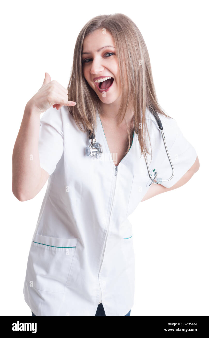 Contact our clinic or hospital concept with a woman doctor making call ...