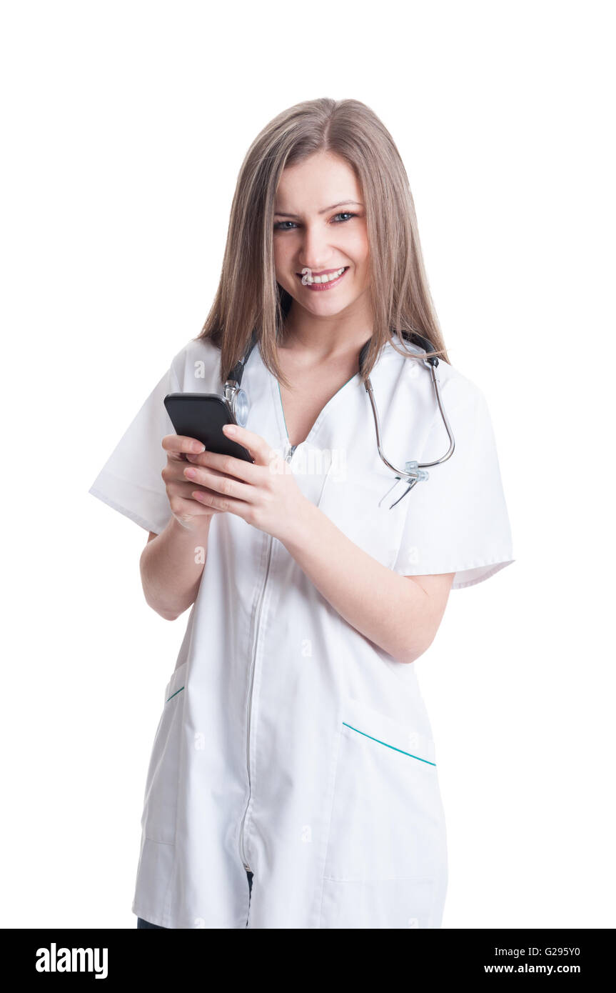 Friendly smiling woman doctor holding smartphone. Contact us concept on ...