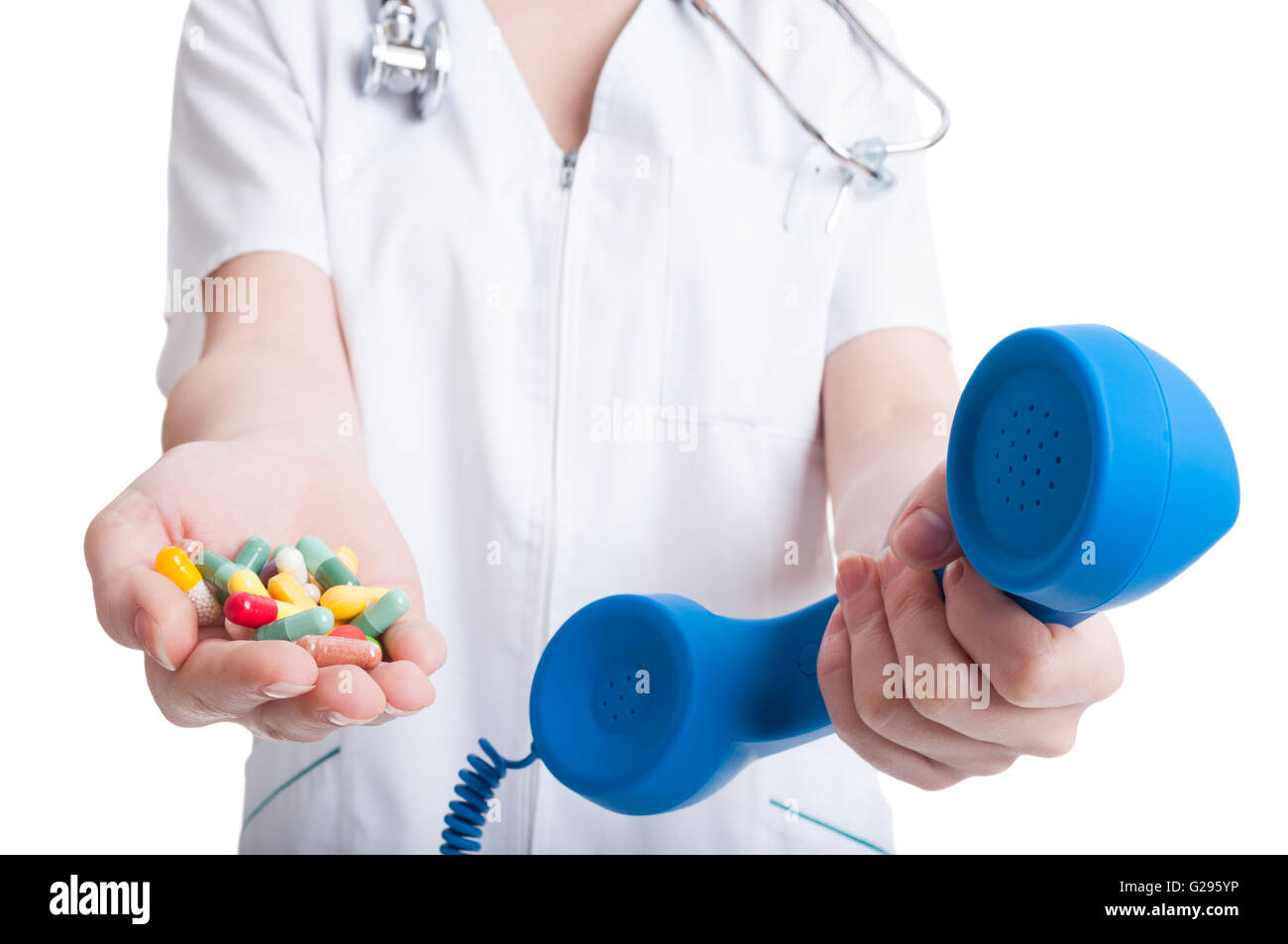 Call for pills concept with woman hands holding phone and multicolored ...