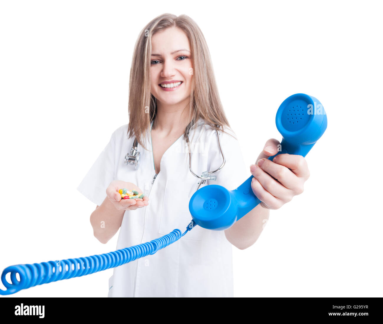Woman doctor holding phone and pills on white background. Contact ...