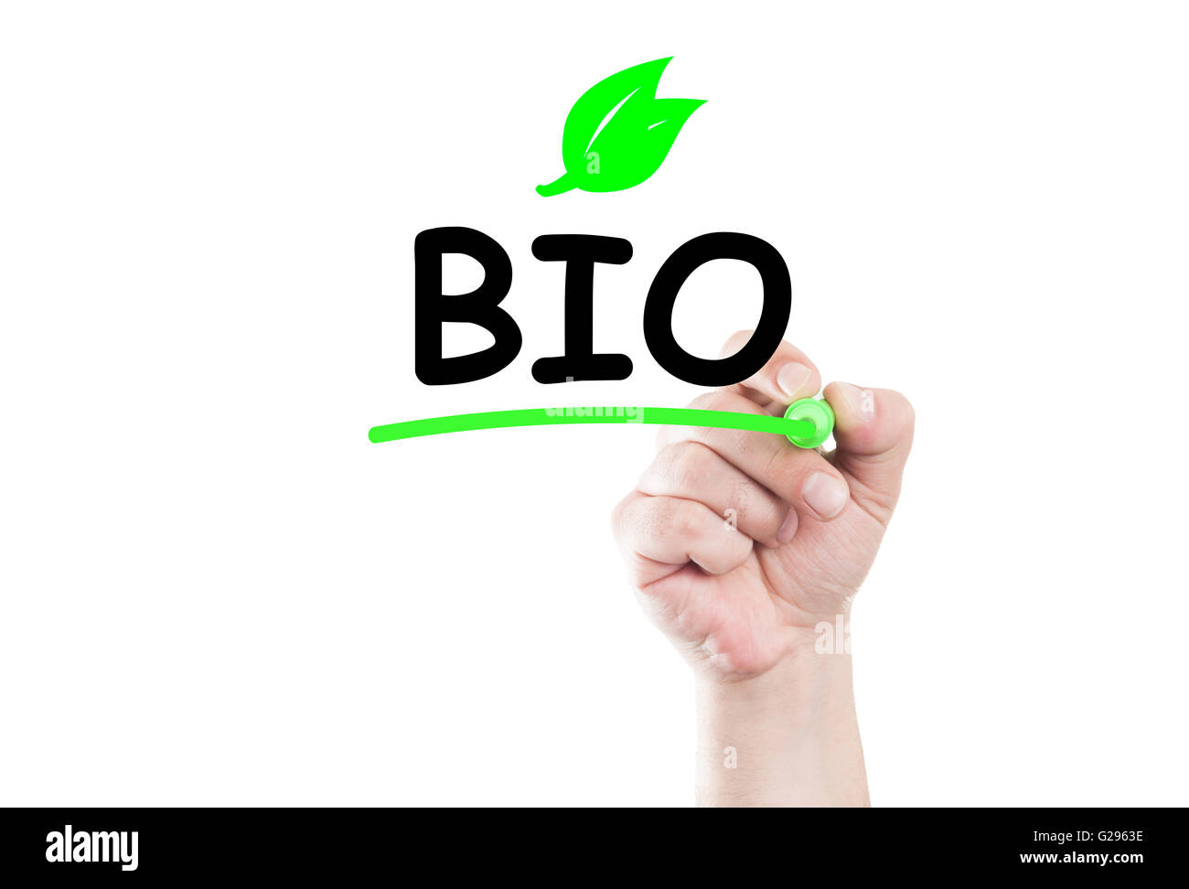 Bio concept text write on transparent wipe board by hand holding a ...