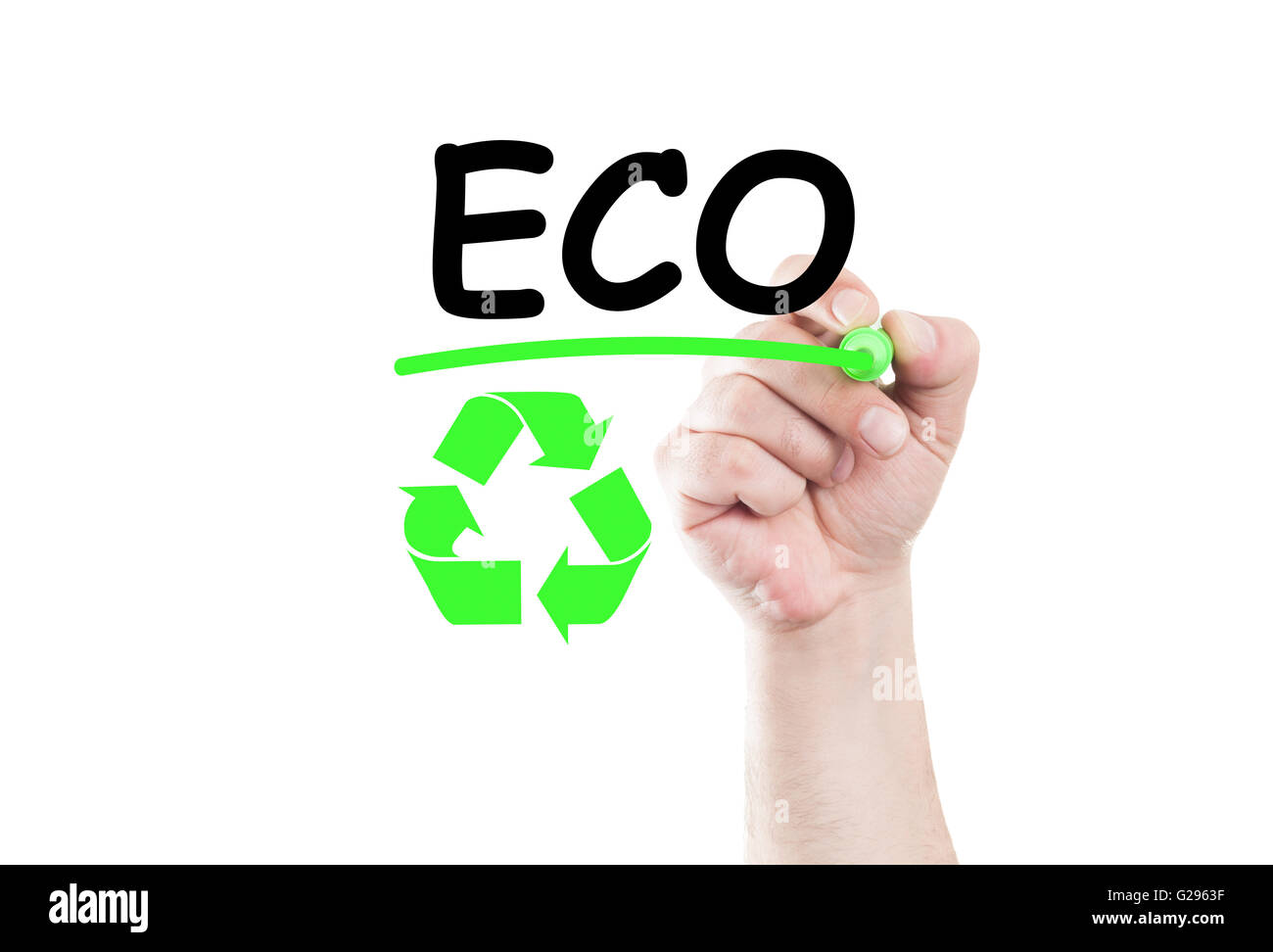 Eco concept text write on transparent wipe board by hand holding a ...