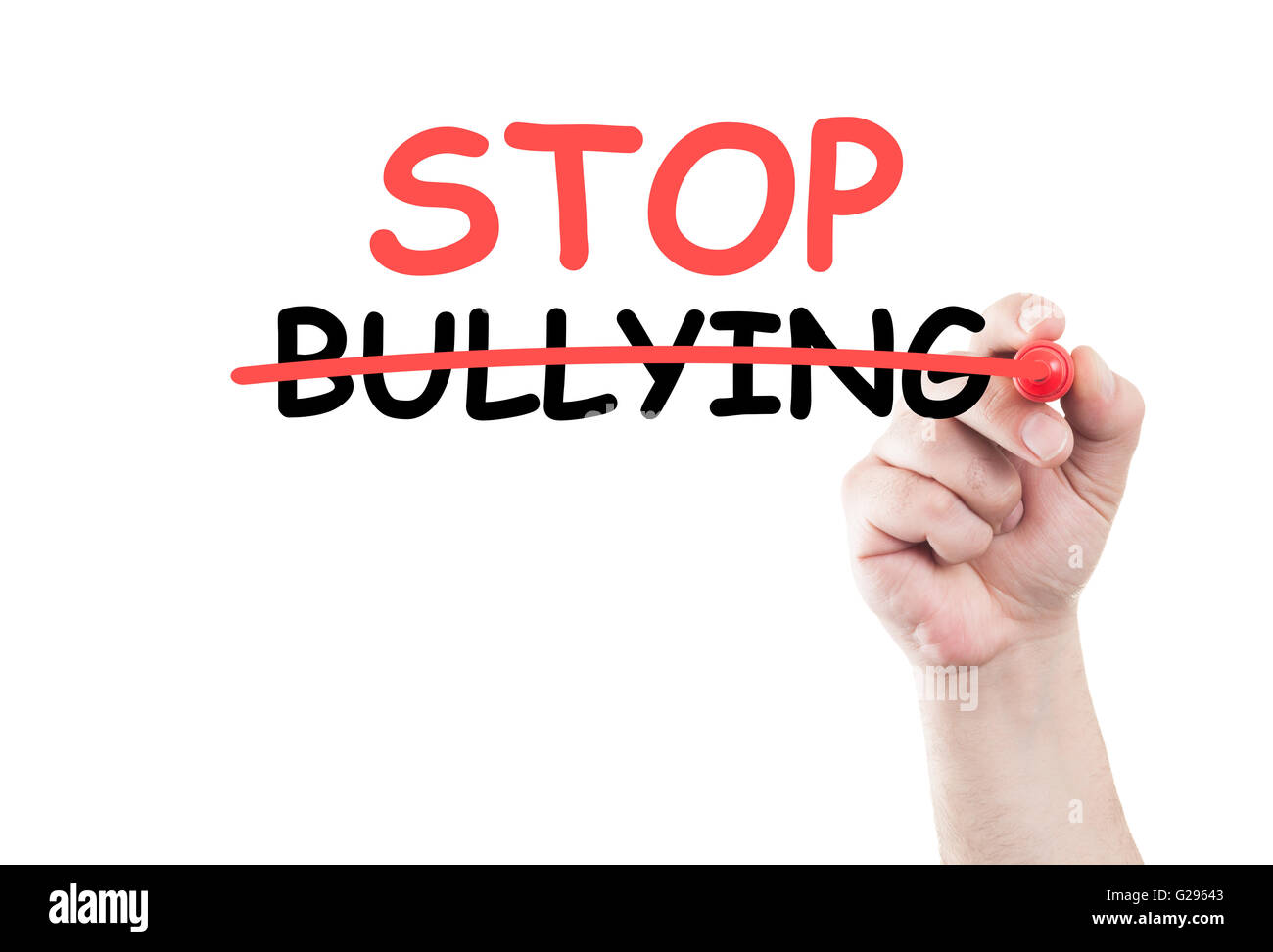 Stop bullying concept text write on transparent wipe board by hand ...