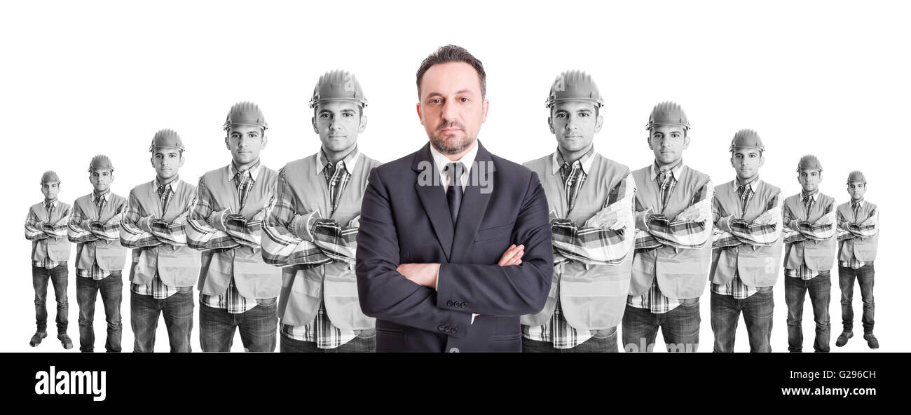 Executive suited manager leader of builders team. Leader, boss or head ...