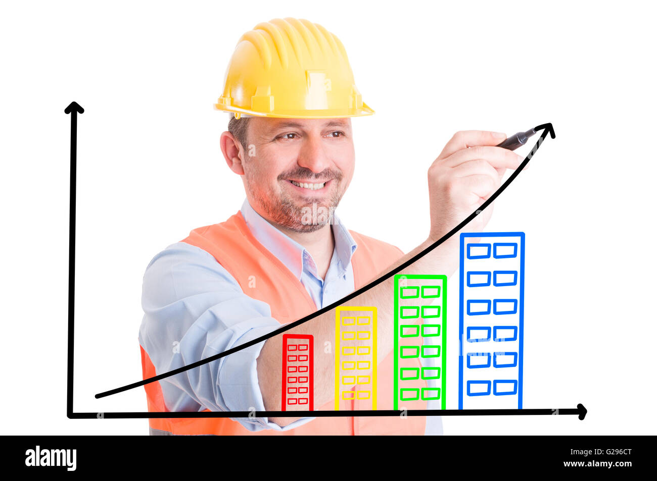 Builder drawing growing chart with buildings on transparent screen or ...