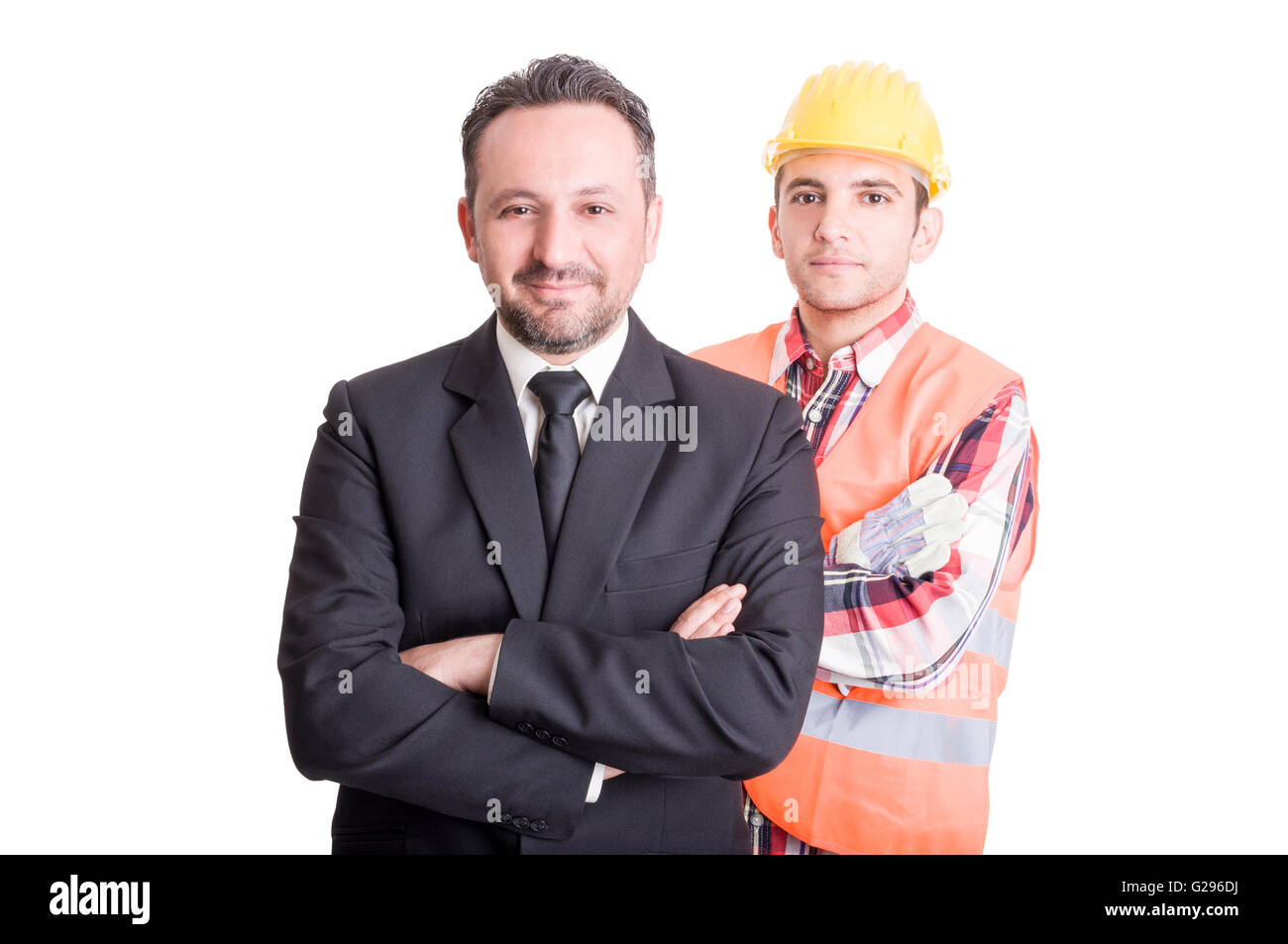 Confident business man and construction worker on white studio ...