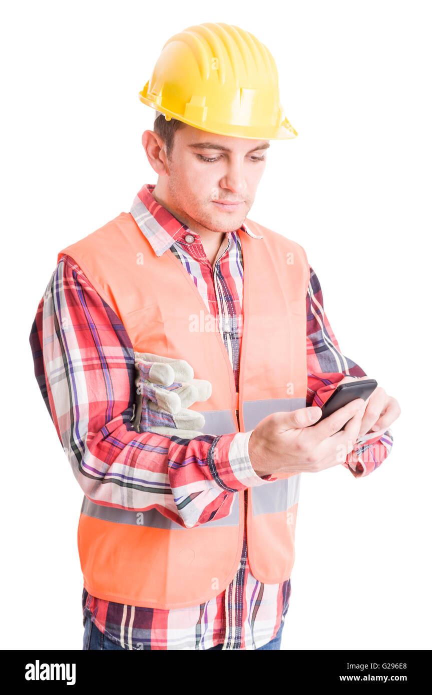 Modern builder using wireless smartphone on white background Stock ...