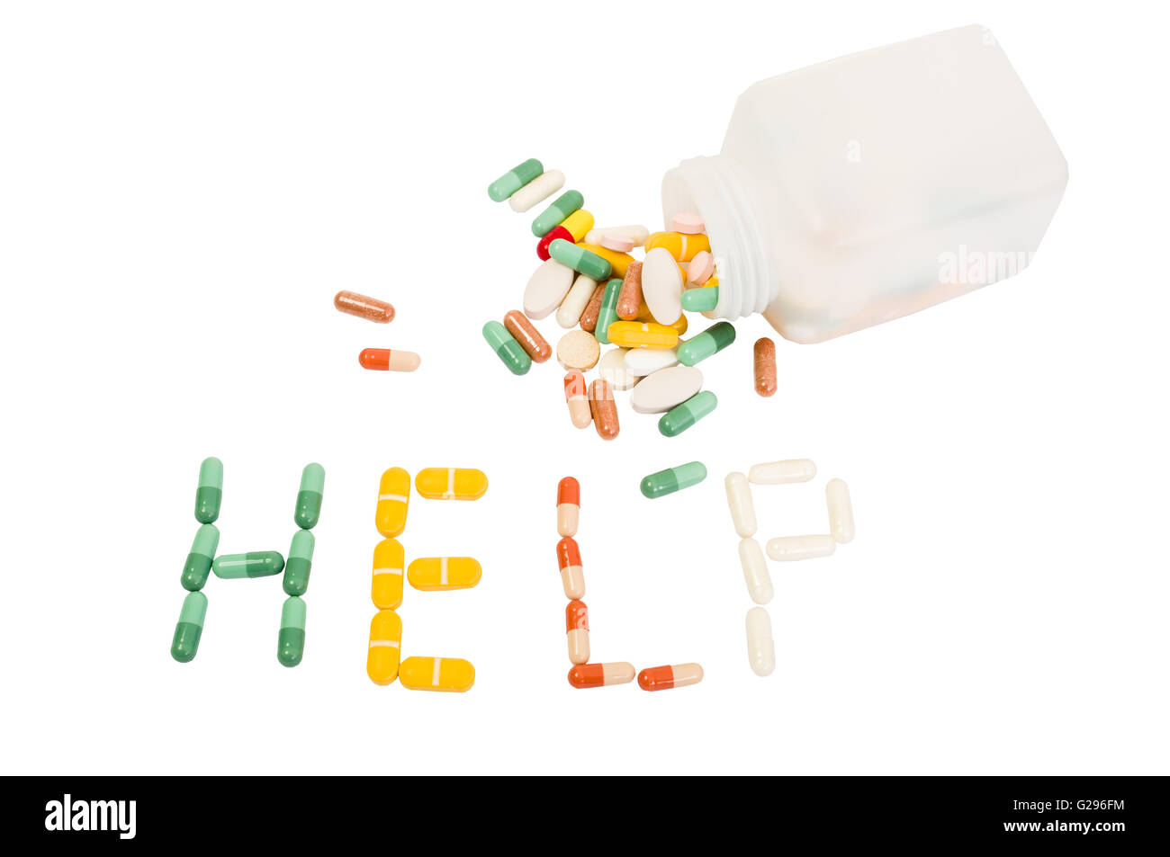 Help word made from various pills on white background. Overdose, abuse ...