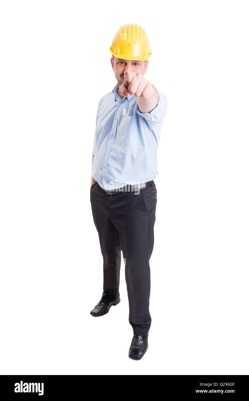 Engineer pointing the finger to the camera isolated on wite background ...