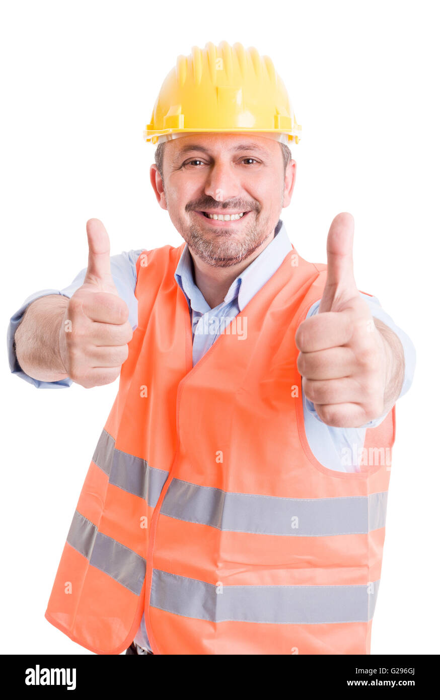 Happy builder showing thumbsup on white background Stock Photo - Alamy