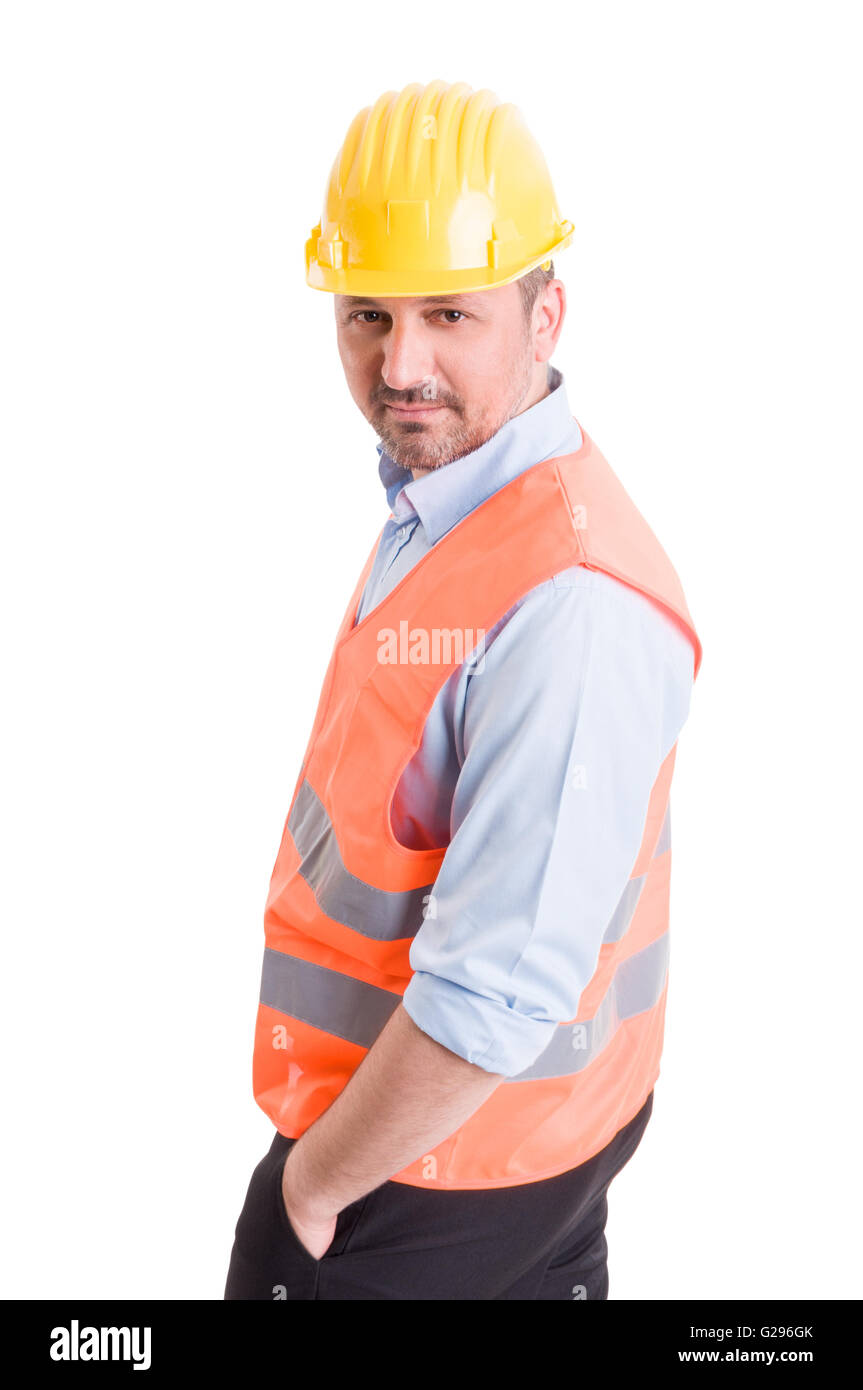 Architect or contractor posing on white background with orange vest and ...