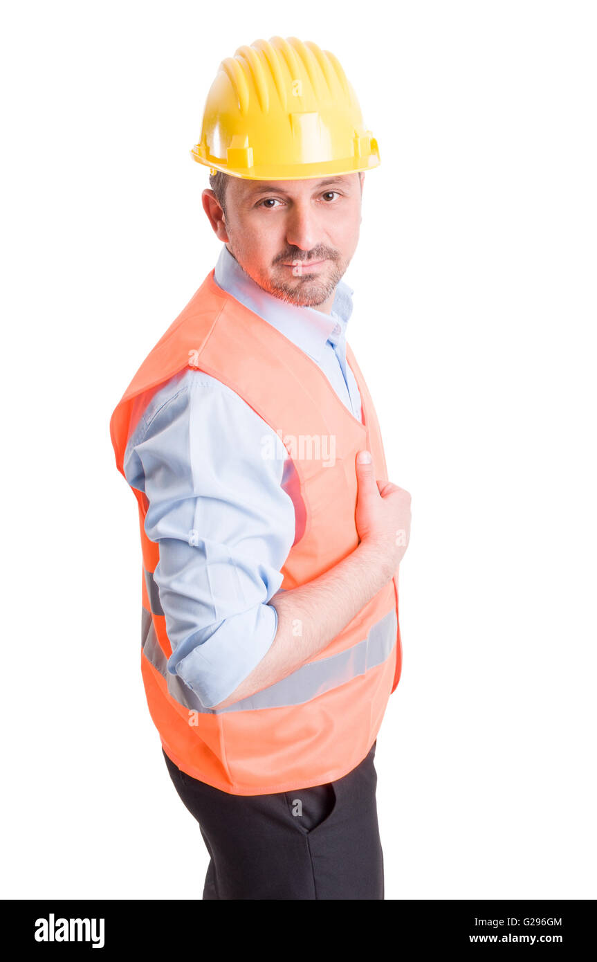 Buildings contractor posing on white background with yellow helmet and ...