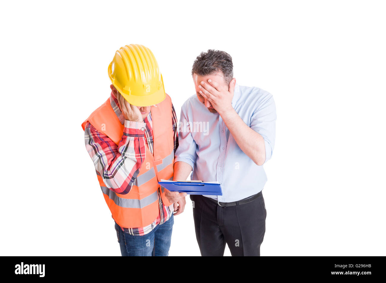 Stressed engineer and upset builder checking clipboard. Construction ...