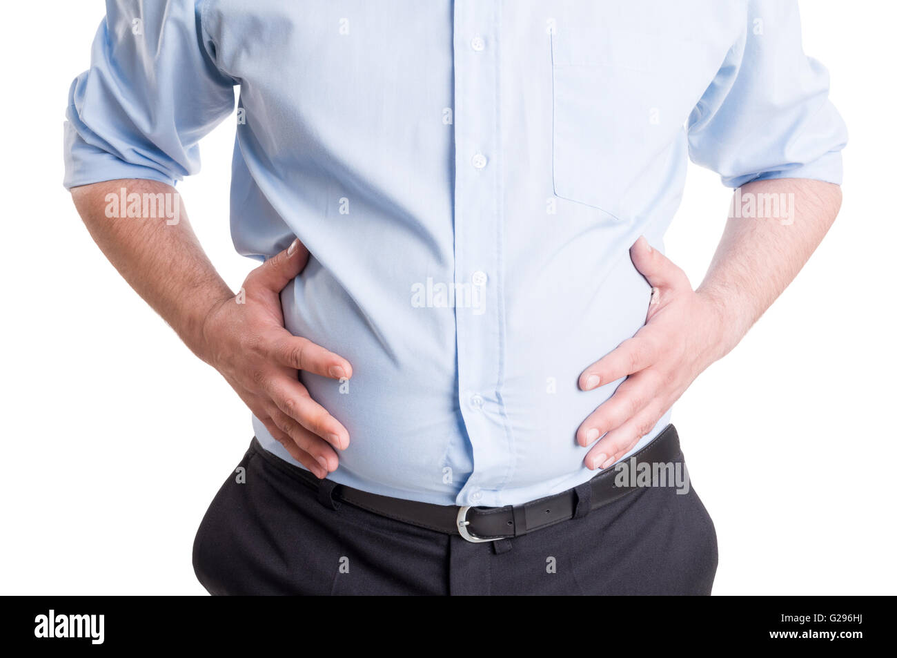 Hands grabbing bloated abdomen. Digestion problem or indigestion ...