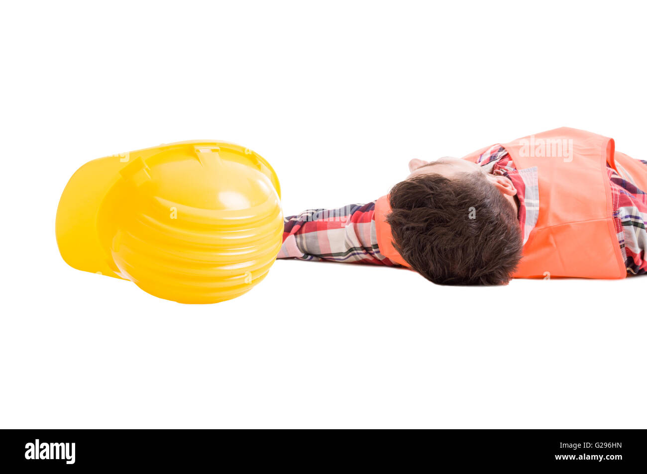 Workplace safety insurance concept with a fainted builder or worker ...