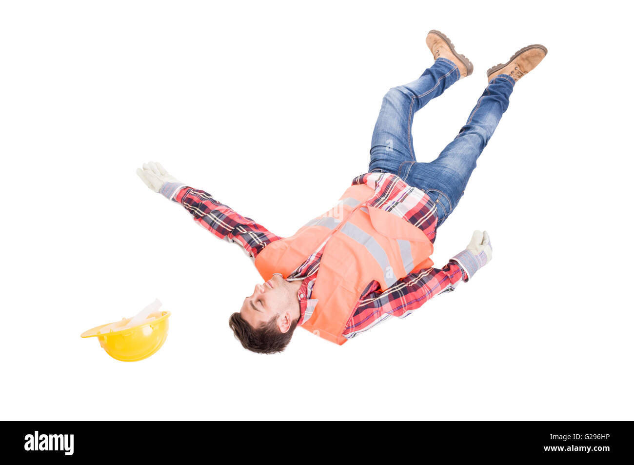 Work accident concept with a construction worker or builder fall on the ...