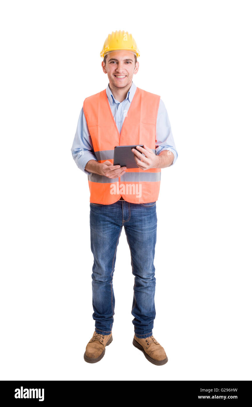 Full body of a modern engineer on white background holding a wireless ...