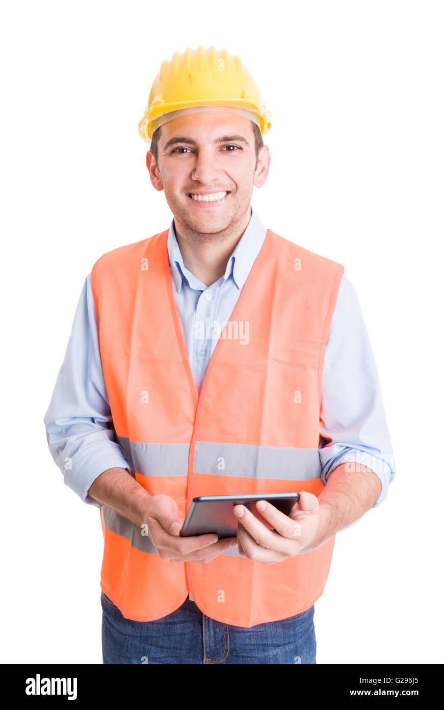 Modern and confident engineer holding tablet and smiling to the camera ...