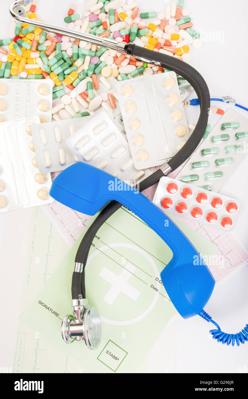 Doctor or pharmacy support or assistance concept with pills, medical ...