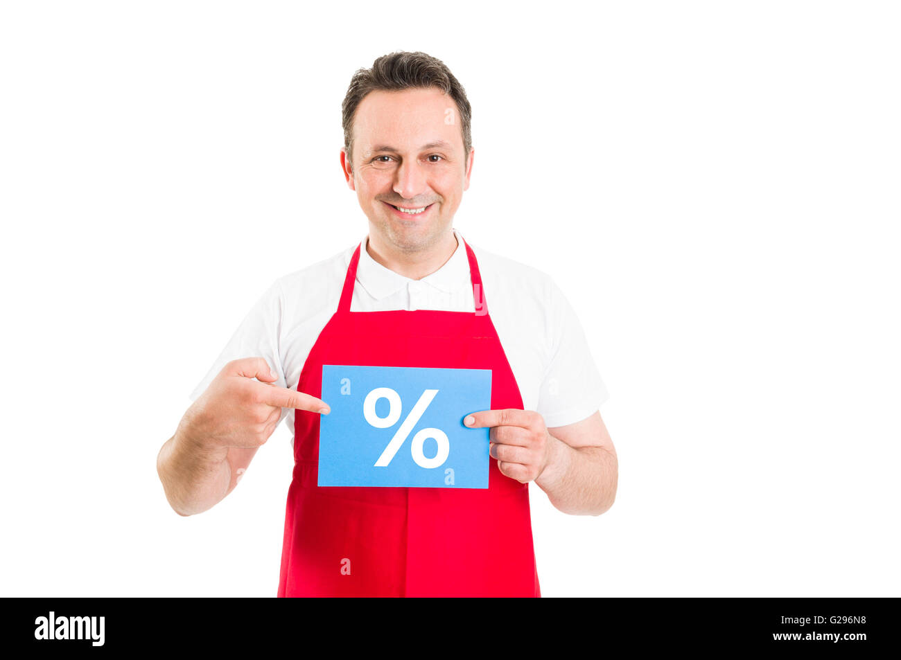 Friendly supermarket employee holding discount sign with symbol Stock ...