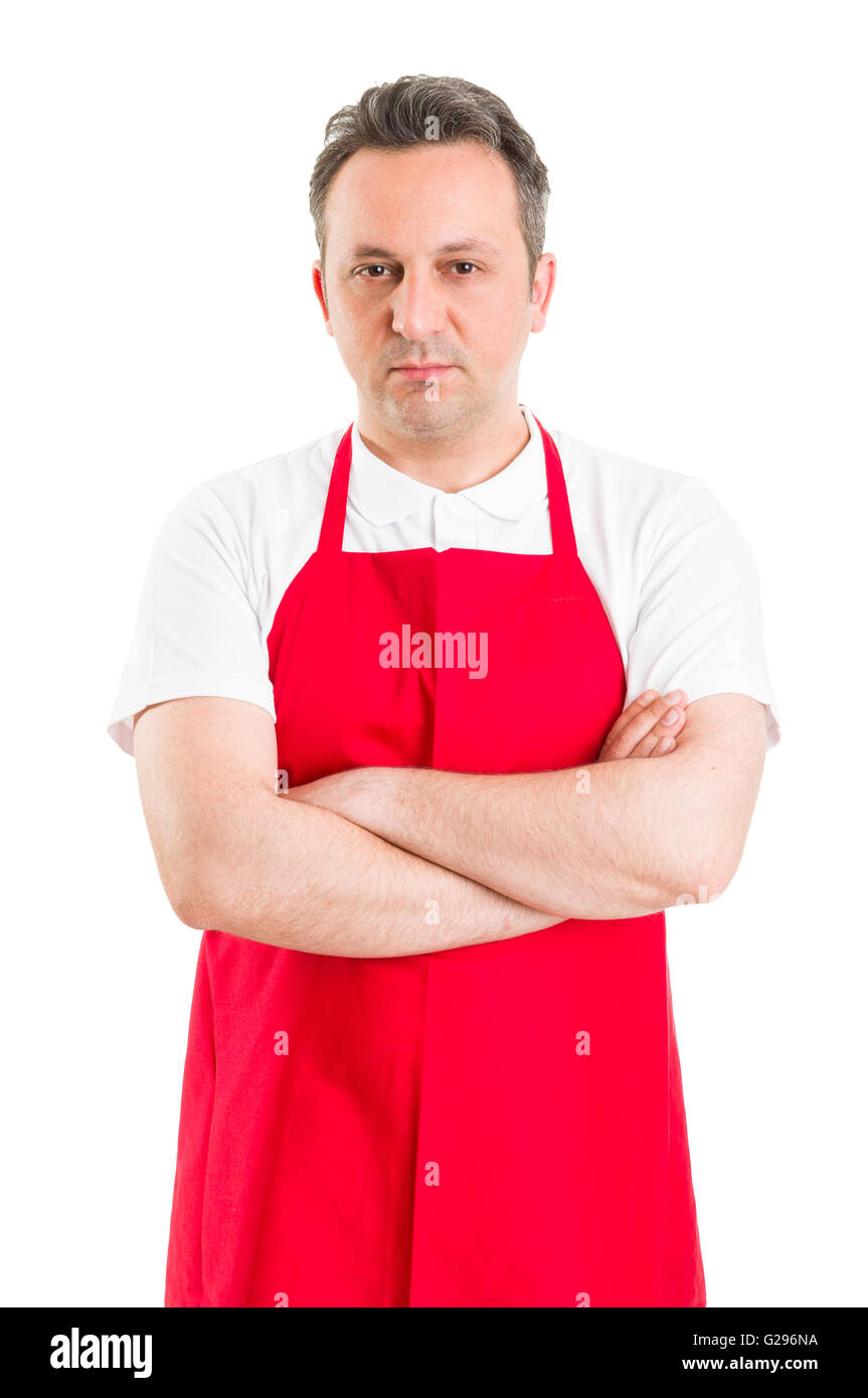 Confident butcher or supermarket employee wearing red apron Stock Photo ...