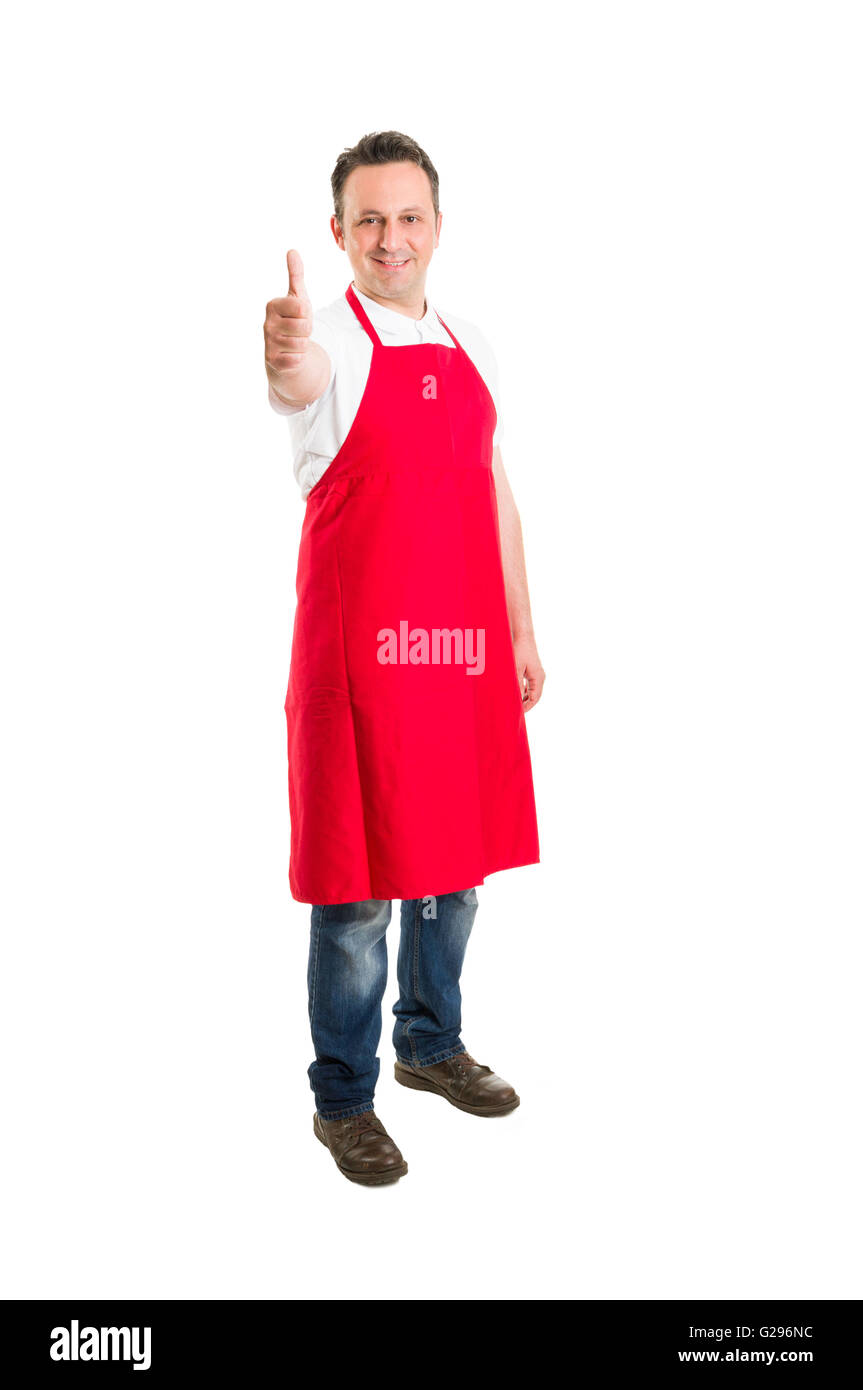 Butcher or supermarket worker showing thumbs up or ok sign gesture ...