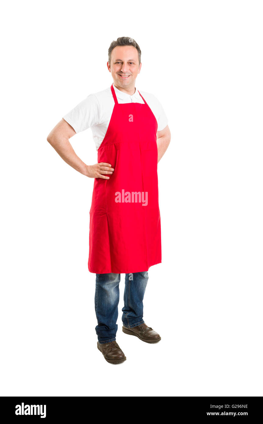 Supermarket employee or butcher with red apron standing on white ...
