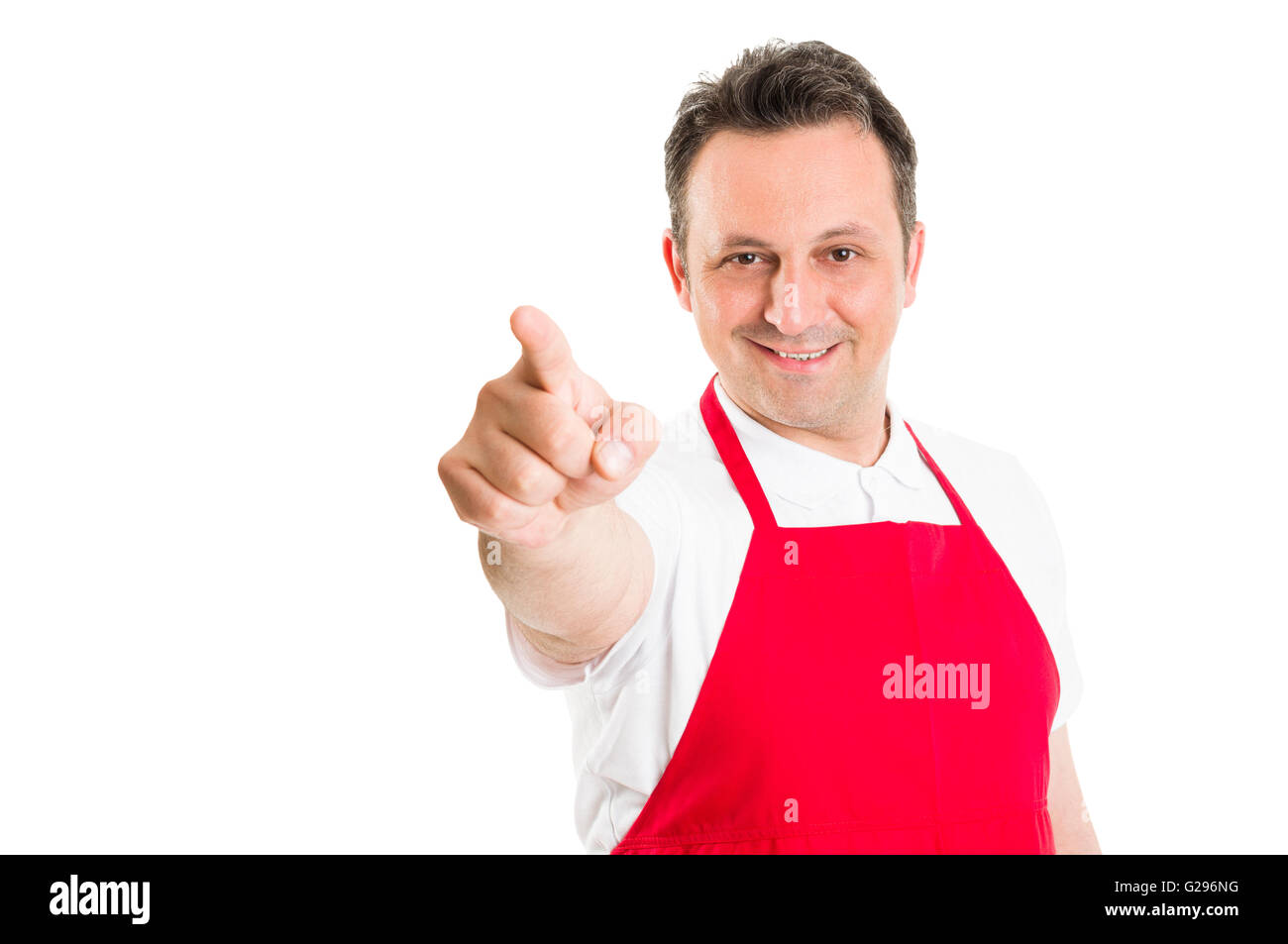 Supermarket employee pointing finger isolated on white background Stock ...