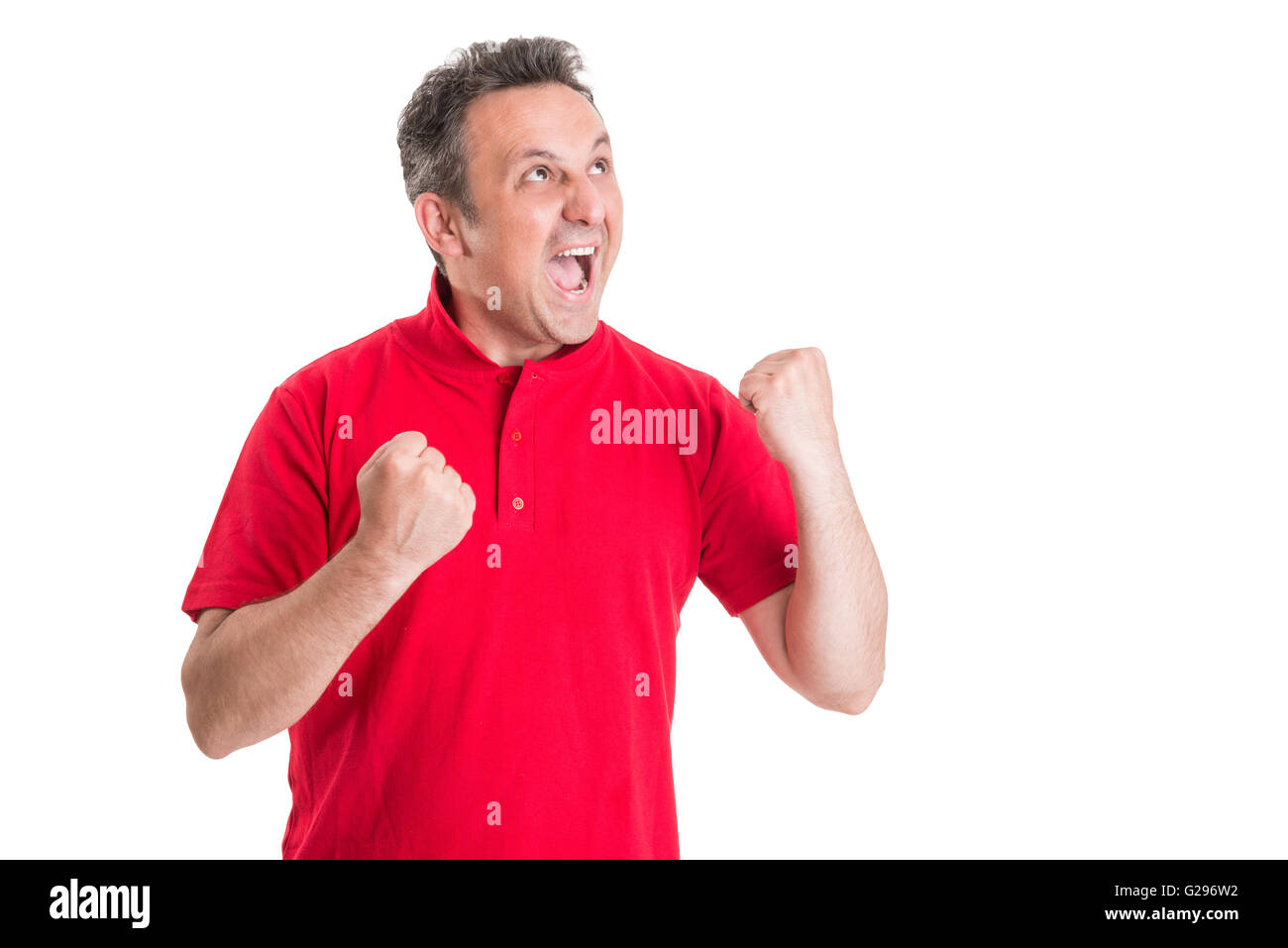 Excited football fan screaming or shouting with fists in the air Stock ...