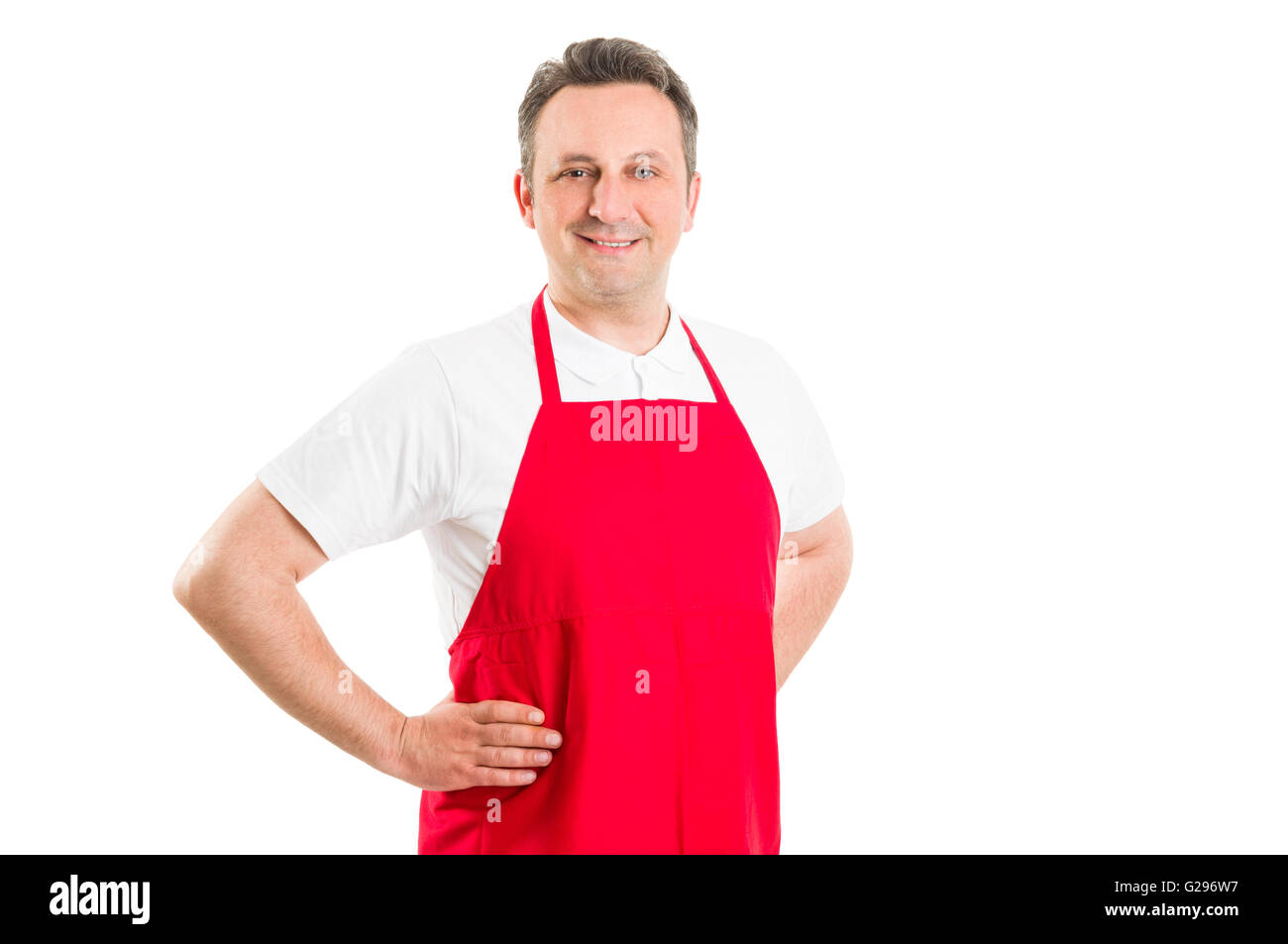 Confident and successful hypermarket worker wearing red apron Stock ...