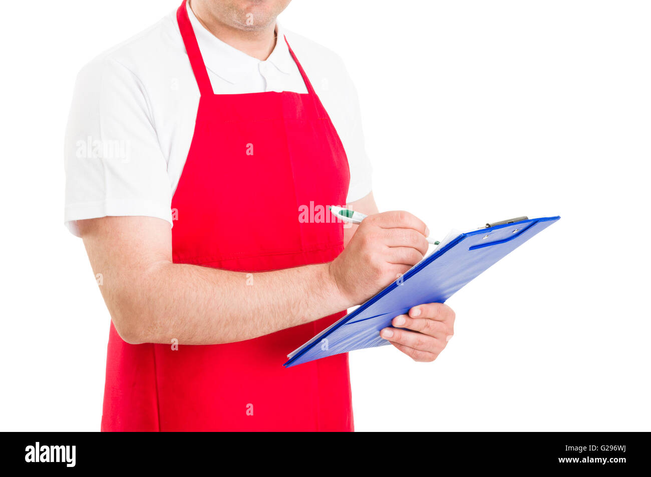 Storekeeper or shop administrator holding clipboard with checklist ...