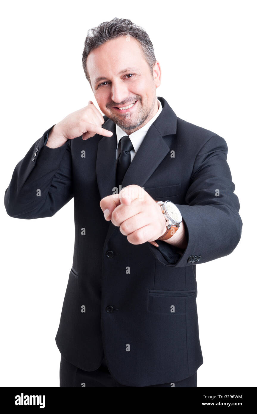 Business man making call or calling gesture while poiting the finger to ...