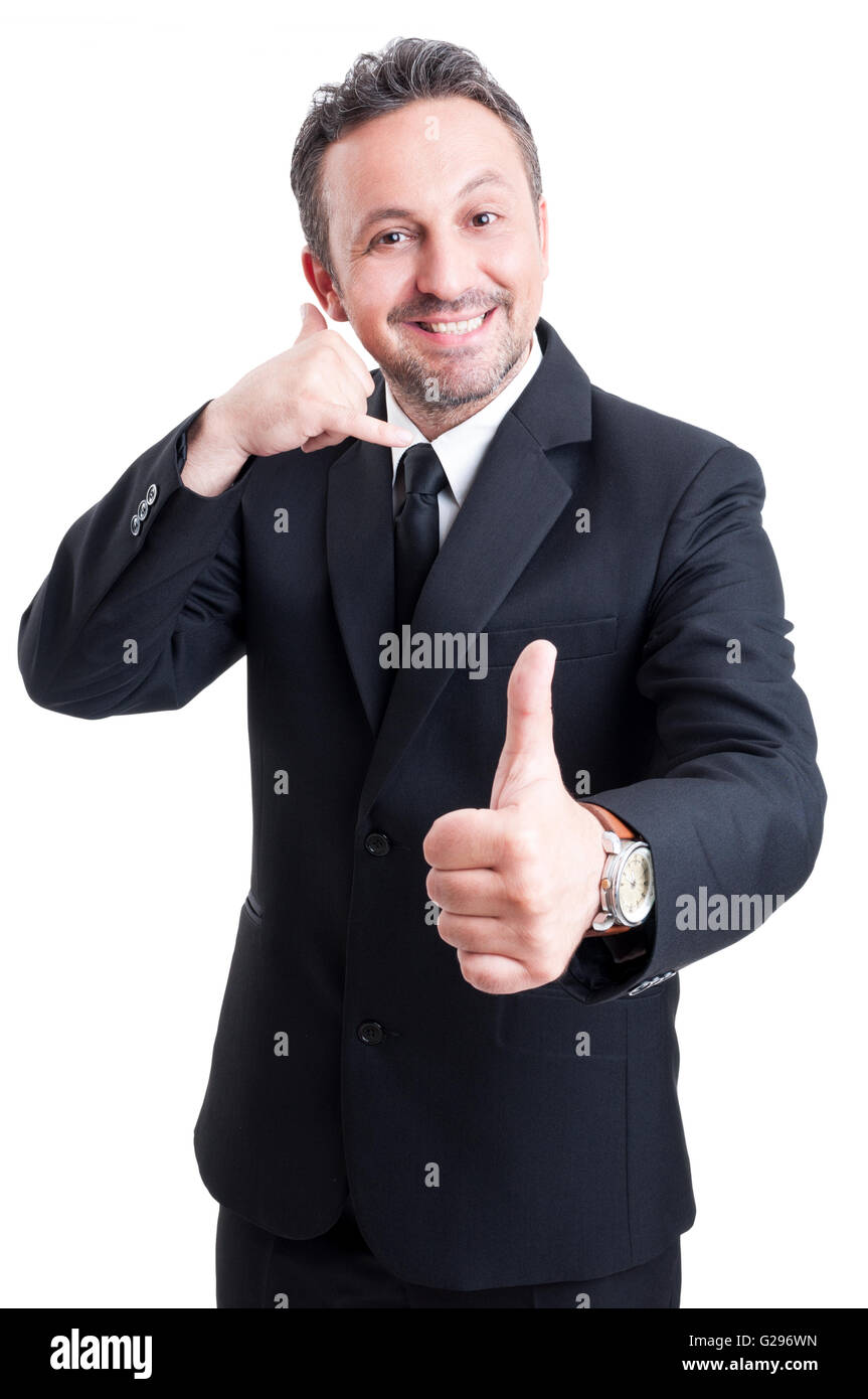 Business man making positive call us and thumb up gesture Stock Photo ...
