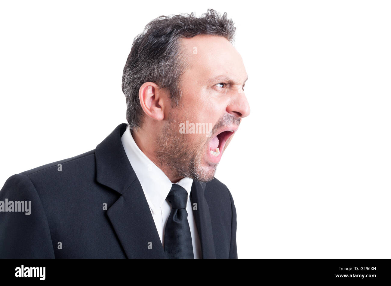 Angry and stressed business man shouting. Bossy leader scream concept ...