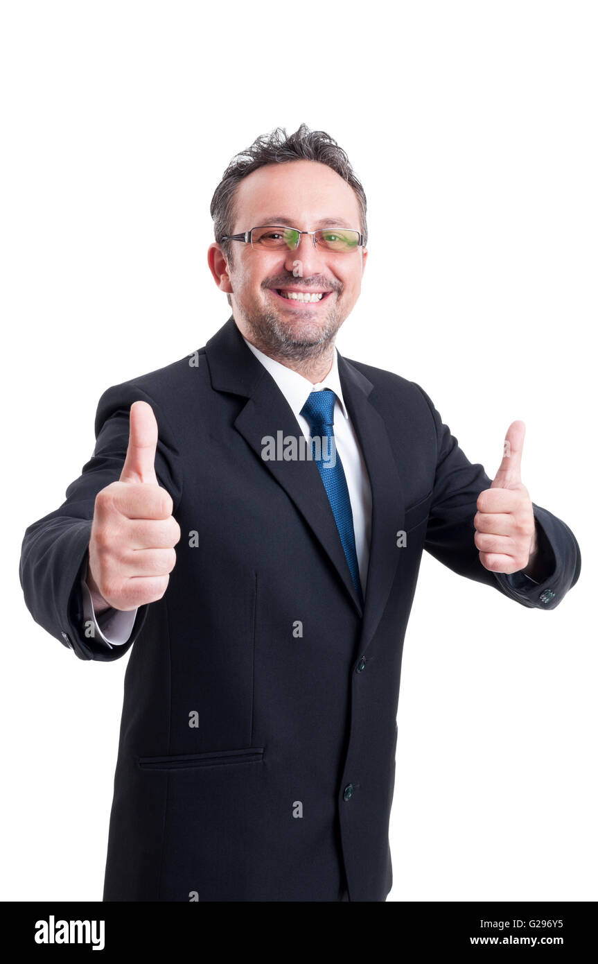 Smiling confident sales man or banker showing thumbs up Stock Photo - Alamy